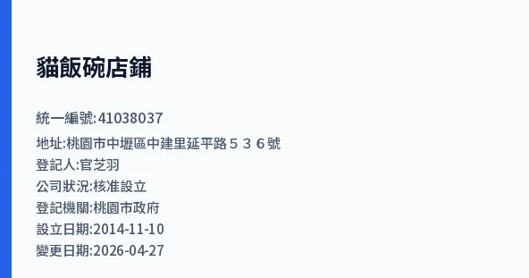 貓飯碗店鋪的照片-統編 41038037(桃園市) 公司登記資料與營業項目詳細圖表