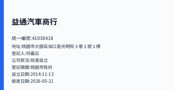 益通汽車商行的照片-統編 41038418(桃園市) 公司登記資料與營業項目詳細圖表