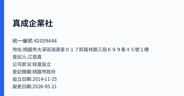 真成企業社的照片-統編 41039444(桃園市) 公司登記資料與營業項目詳細圖表