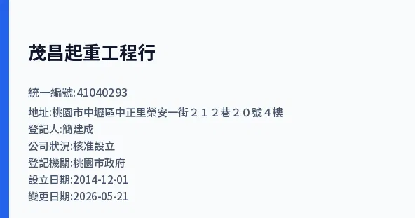茂昌起重工程行的照片-統編 41040293(桃園市) 公司登記資料與營業項目詳細圖表