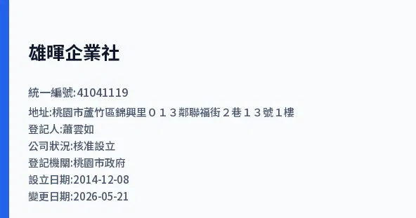 雄暉企業社的照片-統編 41041119(桃園市) 公司登記資料與營業項目詳細圖表