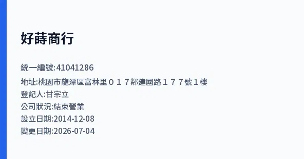 好蒔商行的照片-統編 41041286(桃園市) 公司登記資料與營業項目詳細圖表