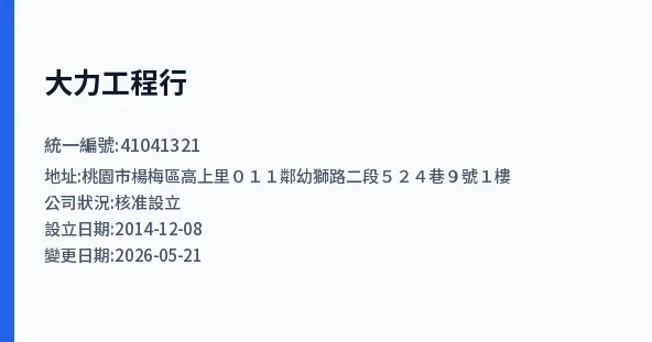 大力工程行的照片-統編 41041321(桃園市) 公司登記資料與營業項目詳細圖表