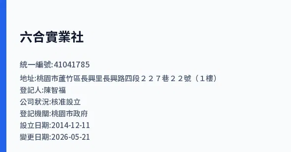 六合實業社的照片-統編 41041785(桃園市) 公司登記資料與營業項目詳細圖表