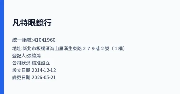 凡特眼鏡行的照片-統編 41041960(新北市) 公司登記資料與營業項目詳細圖表