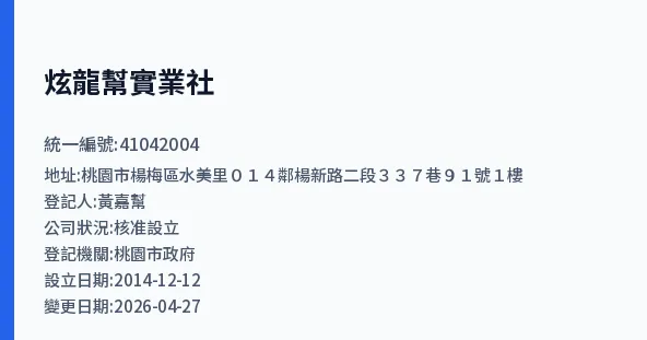 炫龍幫實業社的照片-統編 41042004(桃園市) 公司登記資料與營業項目詳細圖表