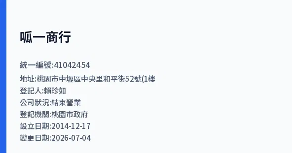 呱一商行的照片-統編 41042454(桃園市) 公司登記資料與營業項目詳細圖表