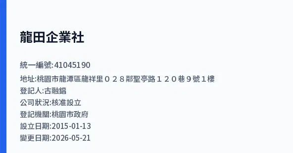 龍田企業社的照片-統編 41045190(桃園市) 公司登記資料與營業項目詳細圖表