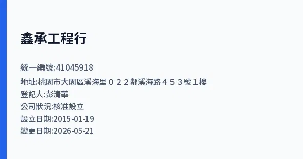 鑫承工程行的照片-統編 41045918(桃園市) 公司登記資料與營業項目詳細圖表