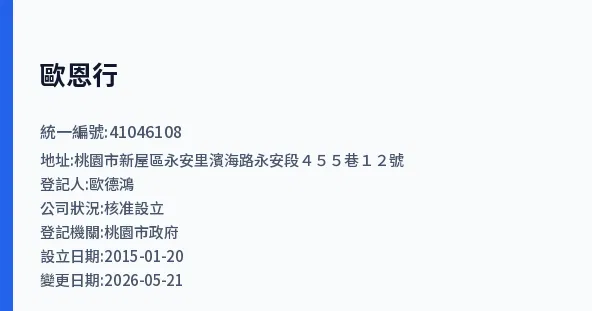 歐恩行的照片-統編 41046108(桃園市) 公司登記資料與營業項目詳細圖表