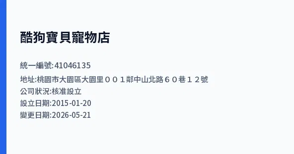 酷狗寶貝寵物店的照片-統編 41046135(桃園市) 公司登記資料與營業項目詳細圖表
