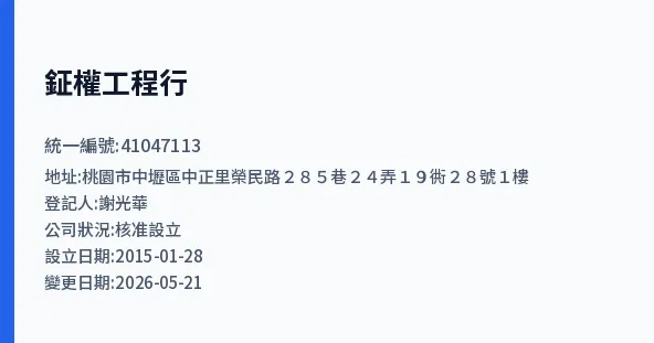 鉦權工程行的照片-統編 41047113(桃園市) 公司登記資料與營業項目詳細圖表