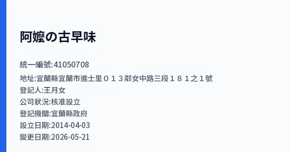 阿嬤の古早味的照片-統編 41050708(宜蘭縣) 公司登記資料與營業項目詳細圖表