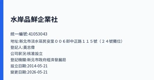 水岸品鮮企業社的照片-統編 41053043(新北市) 公司登記資料與營業項目詳細圖表