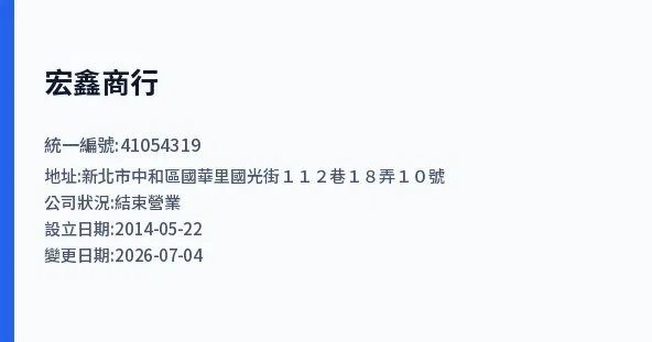 宏鑫商行的照片-統編 41054319(新北市) 公司登記資料與營業項目詳細圖表