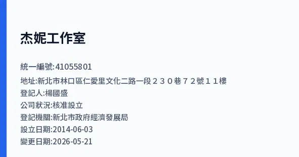 杰妮工作室的照片-統編 41055801(新北市) 公司登記資料與營業項目詳細圖表