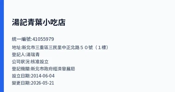湯記青葉小吃店的照片-統編 41055979(新北市) 公司登記資料與營業項目詳細圖表