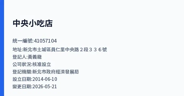 中央小吃店的照片-統編 41057104(新北市) 公司登記資料與營業項目詳細圖表