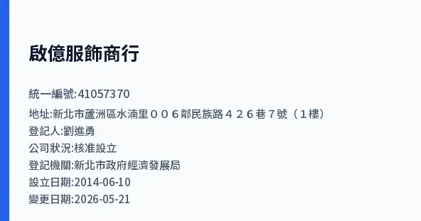 啟億服飾商行的照片-統編 41057370(新北市) 公司登記資料與營業項目詳細圖表