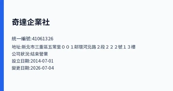 奇達企業社的照片-統編 41061326(新北市) 公司登記資料與營業項目詳細圖表