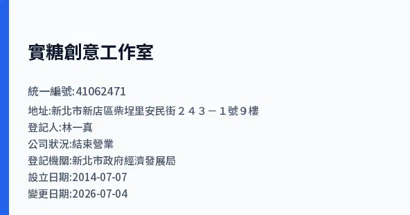 實糖創意工作室的照片-統編 41062471(新北市) 公司登記資料與營業項目詳細圖表