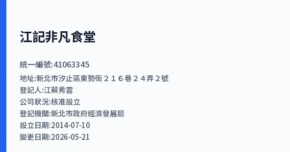 江記非凡食堂的照片-統編 41063345(新北市) 公司登記資料與營業項目詳細圖表