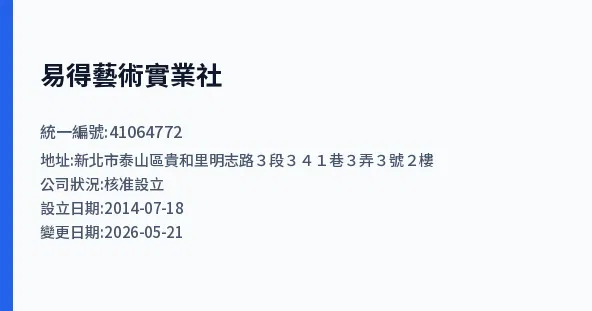 易得藝術實業社的照片-統編 41064772(新北市) 公司登記資料與營業項目詳細圖表