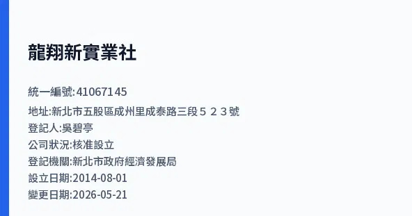 龍翔新實業社的照片-統編 41067145(新北市) 公司登記資料與營業項目詳細圖表