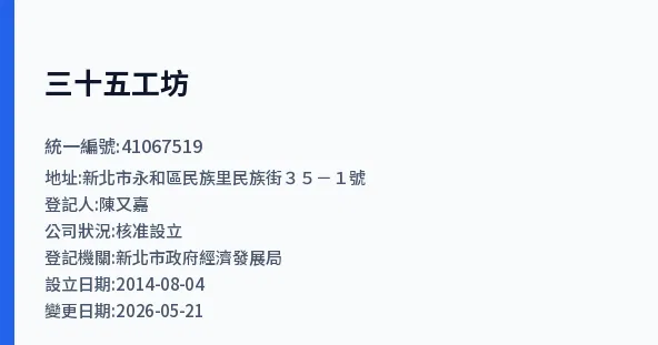 三十五工坊的照片-統編 41067519(新北市) 公司登記資料與營業項目詳細圖表