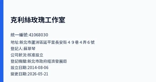 克利絲玫瑰工作室的照片-統編 41068030(新北市) 公司登記資料與營業項目詳細圖表