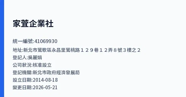 家萓企業社的照片-統編 41069930(新北市) 公司登記資料與營業項目詳細圖表