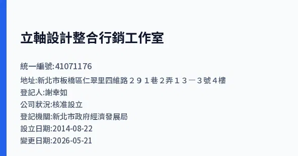 立軸設計整合行銷工作室的照片-統編 41071176(新北市) 公司登記資料與營業項目詳細圖表