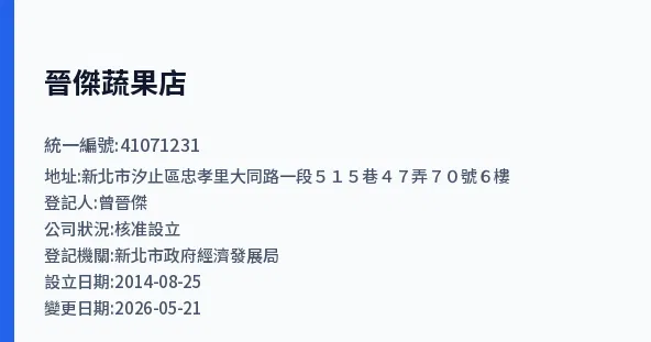 晉傑蔬果店的照片-統編 41071231(新北市) 公司登記資料與營業項目詳細圖表
