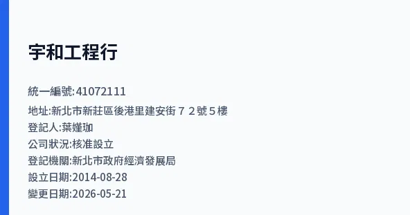 宇和工程行的照片-統編 41072111(新北市) 公司登記資料與營業項目詳細圖表