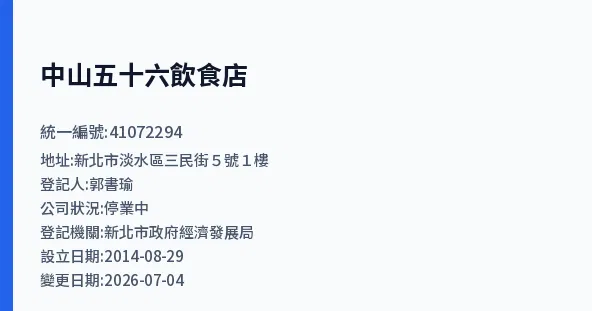 中山五十六飲食店的照片-統編 41072294(新北市) 公司登記資料與營業項目詳細圖表