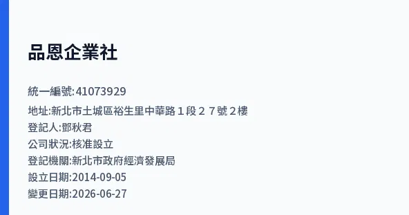 品恩企業社的照片-統編 41073929(新北市) 公司登記資料與營業項目詳細圖表