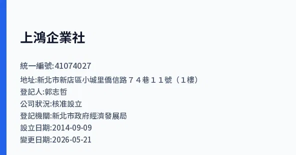 上鴻企業社的照片-統編 41074027(新北市) 公司登記資料與營業項目詳細圖表
