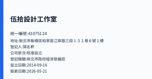 伍拾設計工作室的照片-統編 41075124(新北市) 公司登記資料與營業項目詳細圖表
