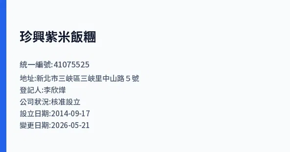 珍興紫米飯糰的照片-統編 41075525(新北市) 公司登記資料與營業項目詳細圖表