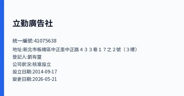 立勤廣告社的照片-統編 41075638(新北市) 公司登記資料與營業項目詳細圖表