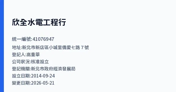 欣全水電工程行的照片-統編 41076947(新北市) 公司登記資料與營業項目詳細圖表