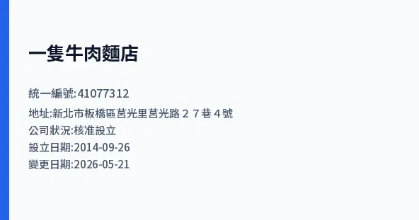 一隻牛肉麵店的照片-統編 41077312(新北市) 公司登記資料與營業項目詳細圖表