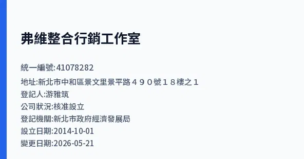 弗維整合行銷工作室的照片-統編 41078282(新北市) 公司登記資料與營業項目詳細圖表
