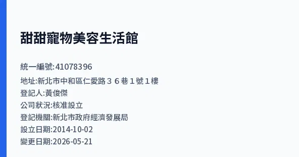 甜甜寵物美容生活館的照片-統編 41078396(新北市) 公司登記資料與營業項目詳細圖表