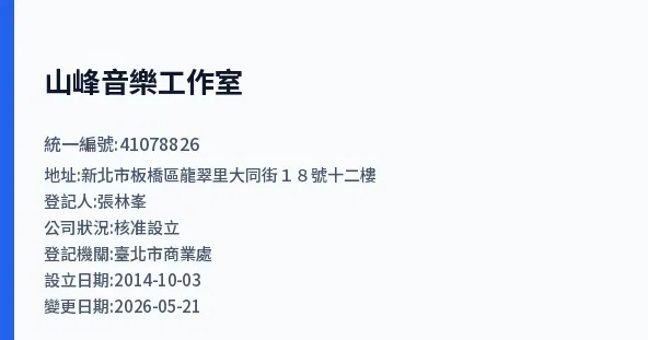 山峰音樂工作室的照片-統編 41078826(新北市) 公司登記資料與營業項目詳細圖表