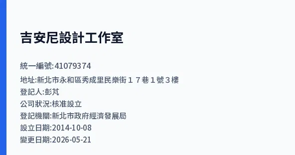 吉安尼設計工作室的照片-統編 41079374(新北市) 公司登記資料與營業項目詳細圖表