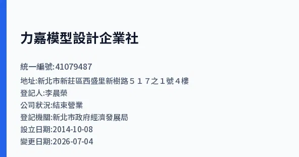 力嘉模型設計企業社的照片-統編 41079487(新北市) 公司登記資料與營業項目詳細圖表