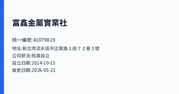 富鑫金屬實業社的照片-統編 41079819(新北市) 公司登記資料與營業項目詳細圖表