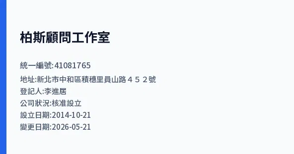 柏斯顧問工作室的照片-統編 41081765(新北市) 公司登記資料與營業項目詳細圖表