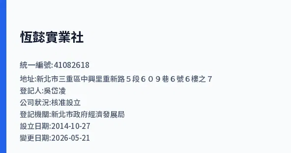 恆懿實業社的照片-統編 41082618(新北市) 公司登記資料與營業項目詳細圖表